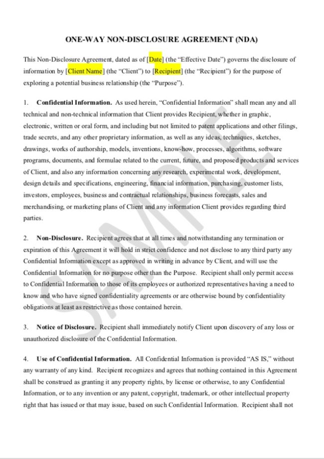 One Way Non-Disclosure Agreement – Legally FAB